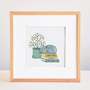 Cat Cross Stitch Pattern, Grey Cat, Books, House Plant - Instant ...