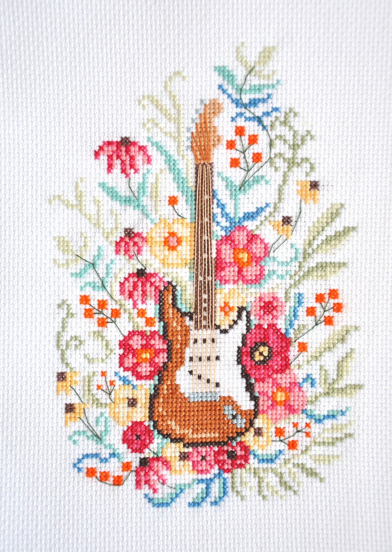 Electric Guitar Cross Stitch Pattern Stratocaster Floral | Etsy