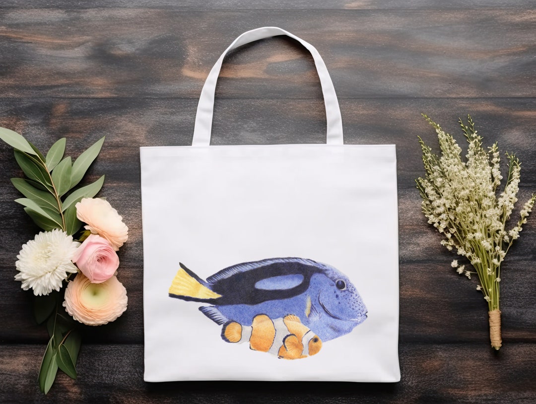 Under the Sea Clown Fish & Blue Tang Fish Nemo Dory White Tote Fabric ...