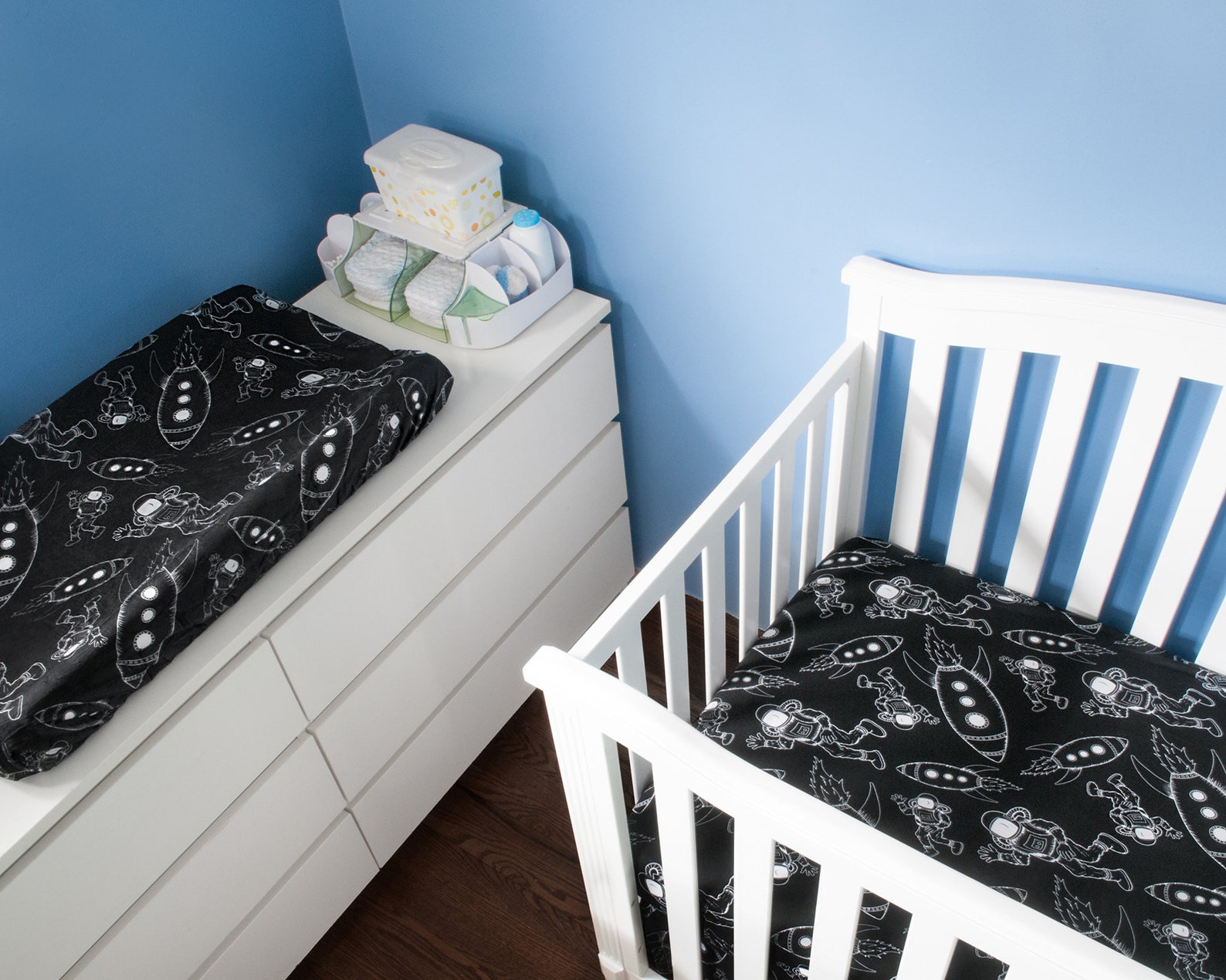 Outer Space Crib Sheet | Jersey Knit Cotton | Astronauts and Rocket ...