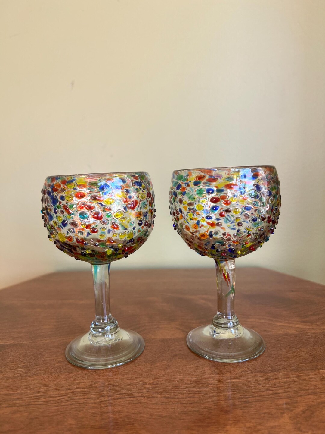Pair of Glass Mexican "confetti Rock" Wine Goblets 8 Oz Capacity /set ...