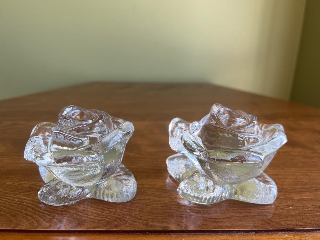 Vintage Pair of Goebel Germany Pressed Glass Rose Candlesticks Holders ...