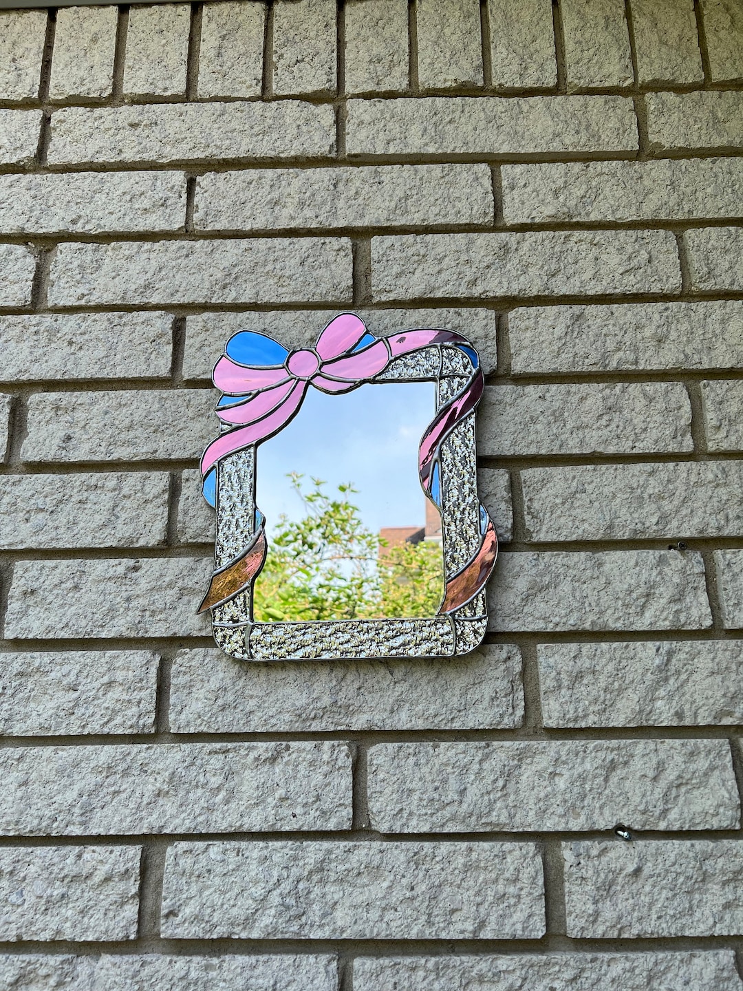 Vintage Leaded Stained Glass Mirror With Bow Decoration/ Stained Glass ...