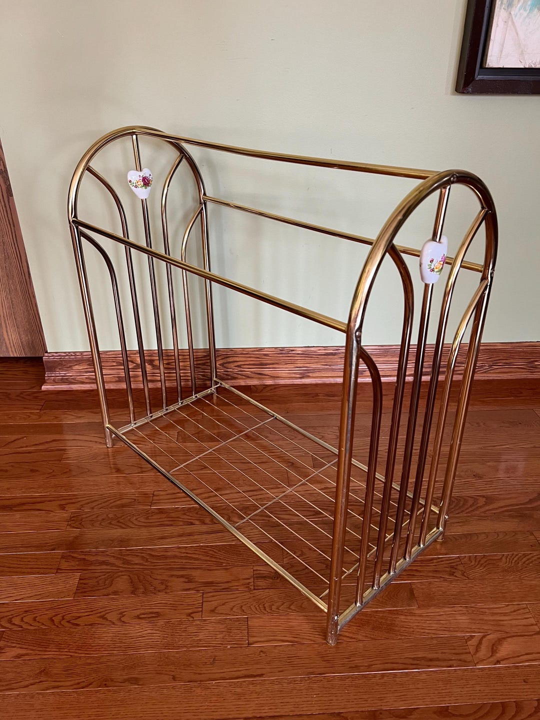 Vintage Brass Finish Metal Quilt Stand With Porcelain Details by ...