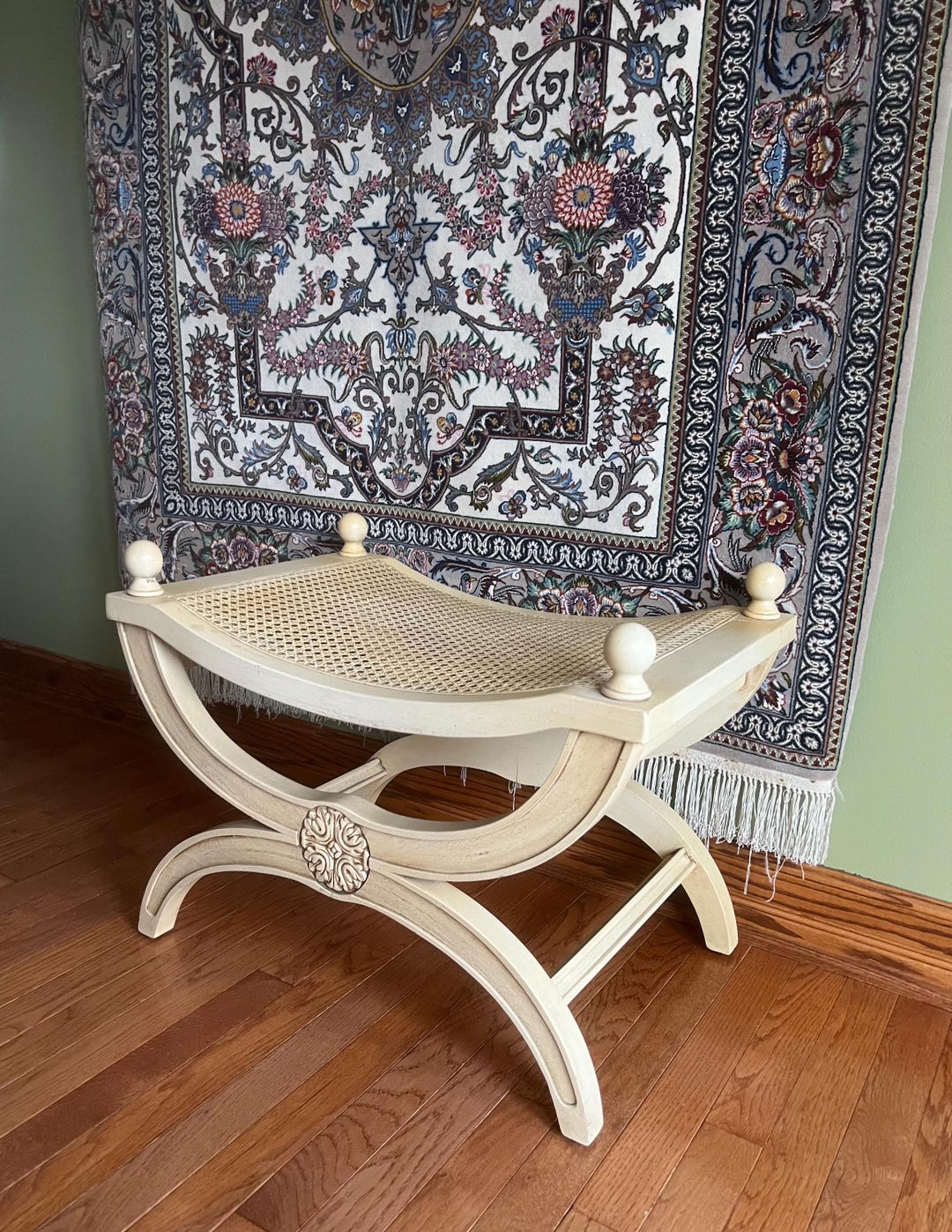 Vintage Wood and Cane Lattice Bench/neoclassical Revival Carved Wooden ...