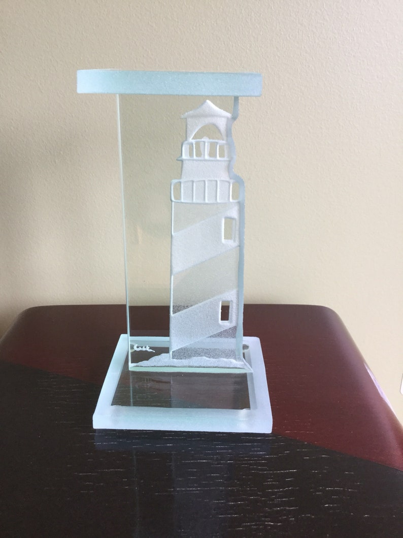 Vintage Glass Art Etched Lighthouse Stand Artist Signed - Etsy
