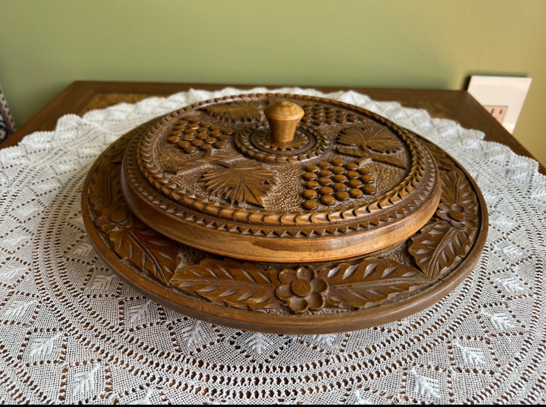 Vintage Carved Wood Plate With Lid/hand Carved Solid Wood Lidded Plate ...