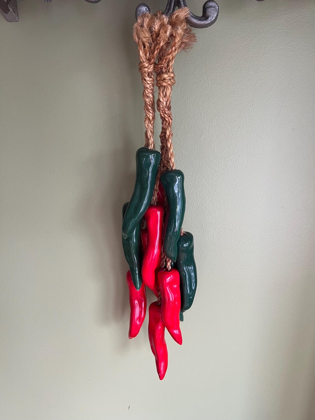 Set of 2 Ceramic Pepper Ristra Wall Hanging Decor/red and Green Peppers ...