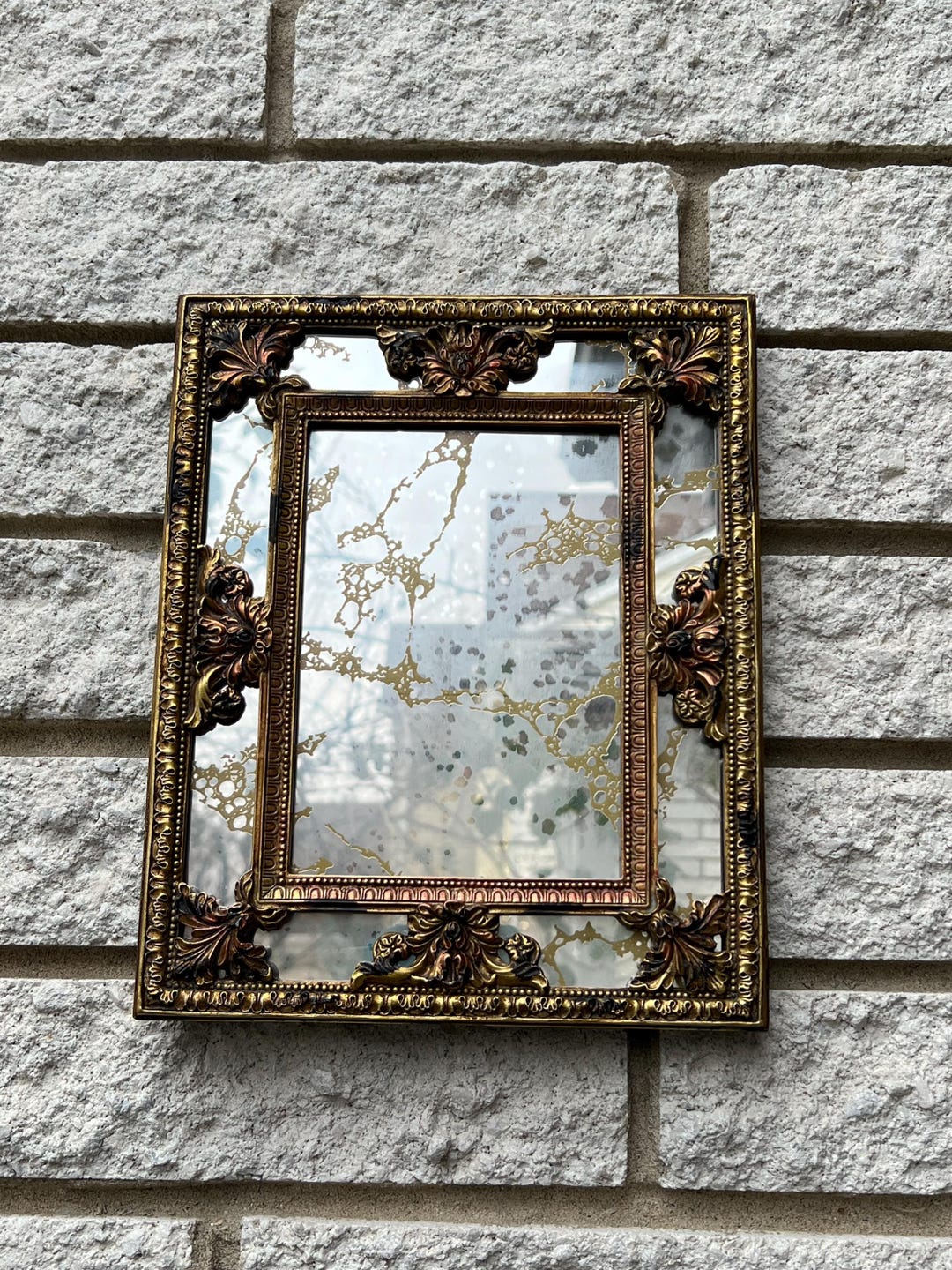 Vintage Gold Frame Mirror With Marble Effect Glass/gold Gallery Mirror ...