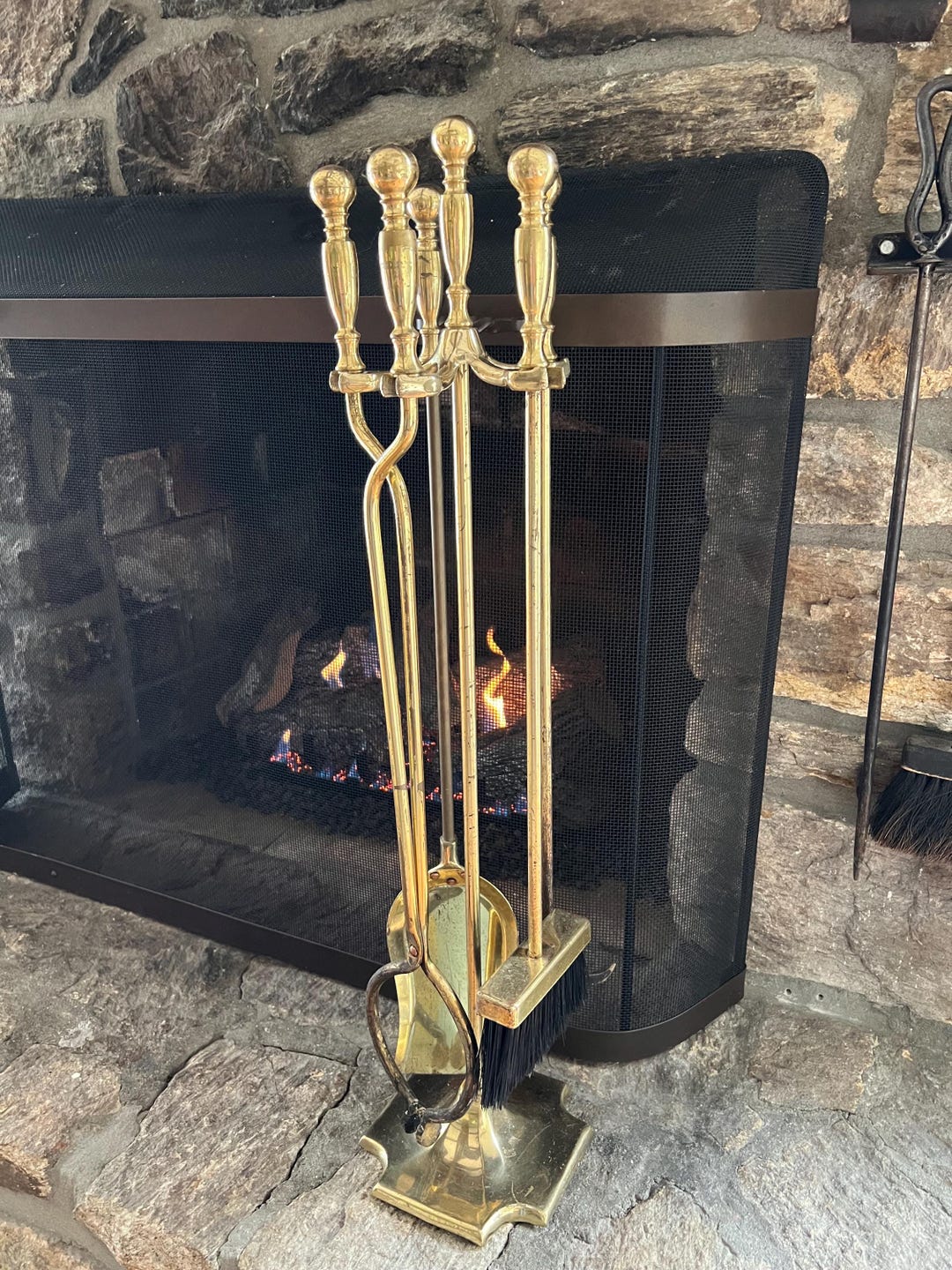 Vintage Fireplace Tools Set 4 Pieces and Stand//solid Brass Fireplace ...