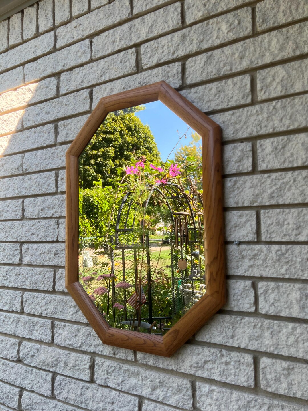 Vintage Octagonal Solid Oak Frame Beveled Mirror Made in USA by Stanley ...