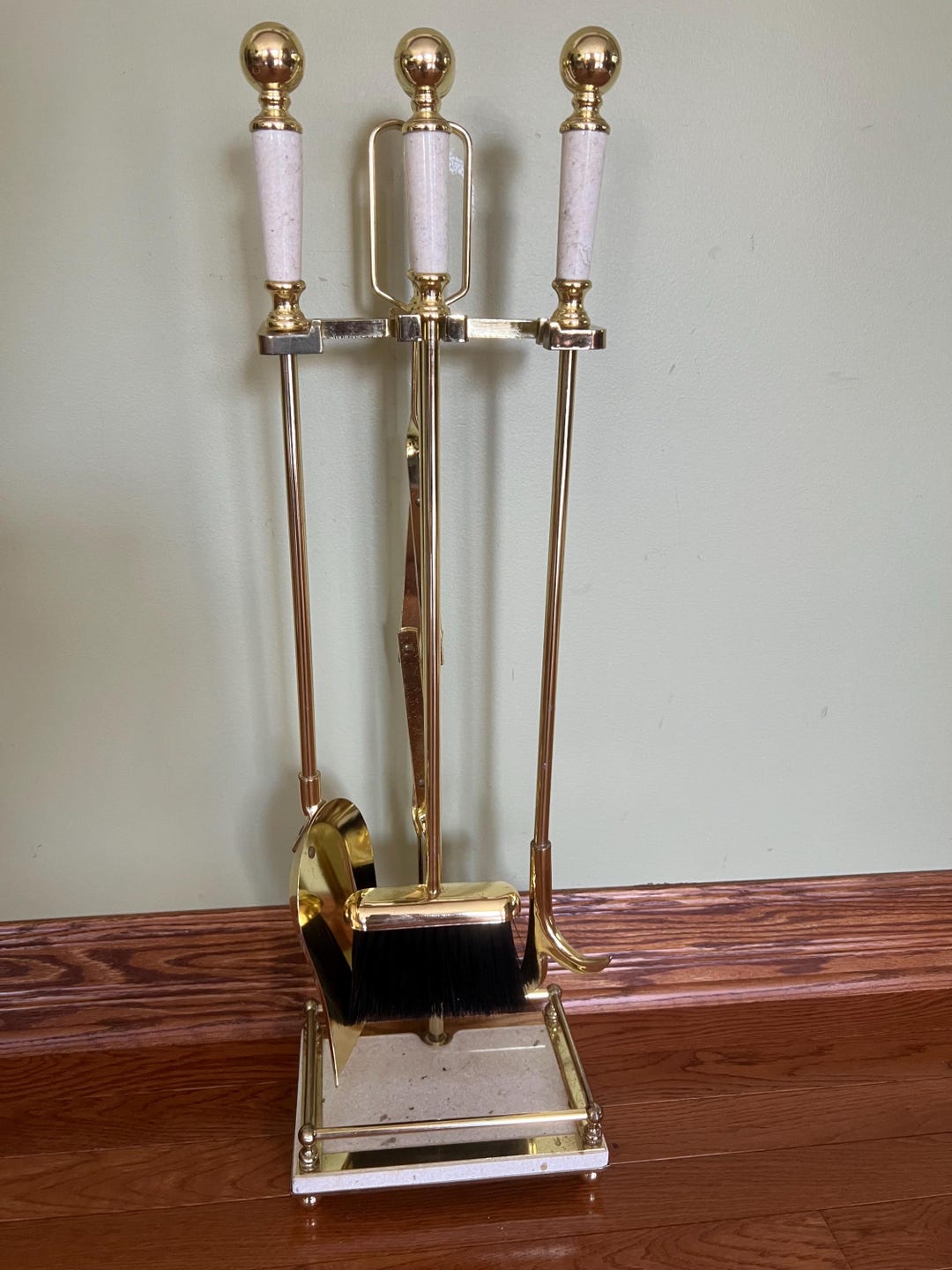 Vintage Brass Plated Gold and White Marble Fireplace 4 Tools and Stand ...