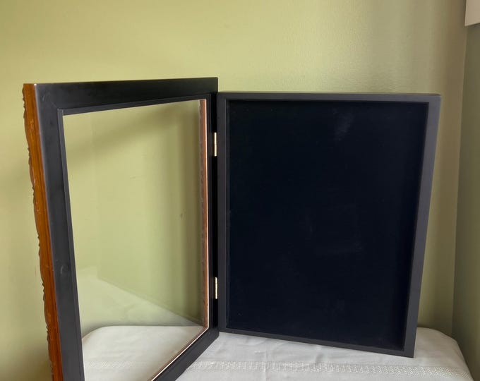 Vintage Wall Display Case in Gold Frame Hinged Glass Door Black Velvet ...
