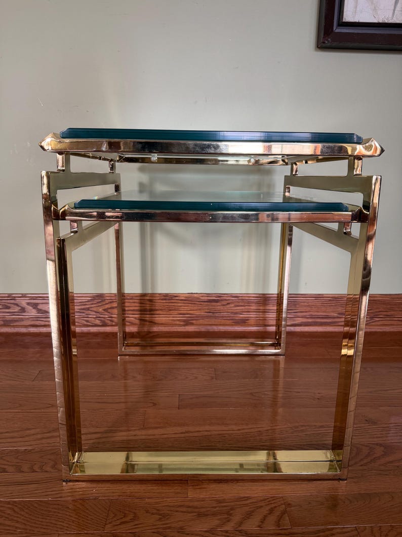 Vintage Pair of Nesting Tables - Hollywood Regency Gold Brass Base and ...