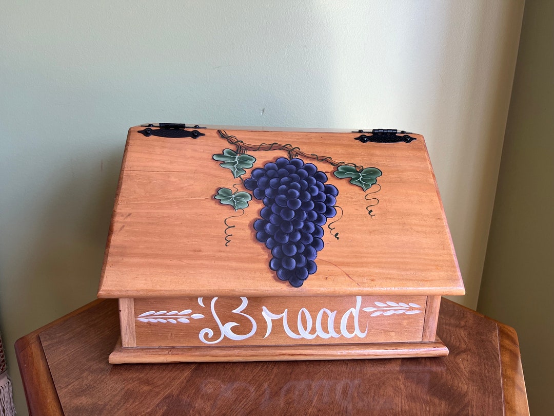 Vintage Solid Wood Bread Box With Grape Vines Painted Decor Forged Iron ...