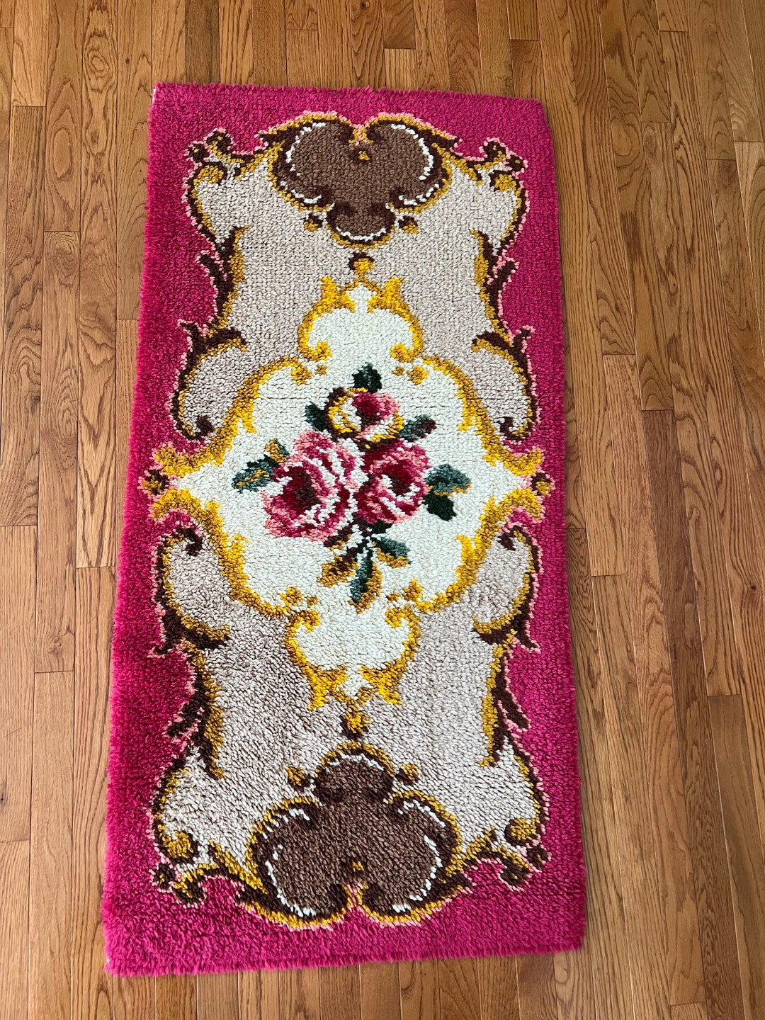 Vintage Folk Wool Rug/red Roses Center Wool Rug/ Long Pile Wool Rug ...