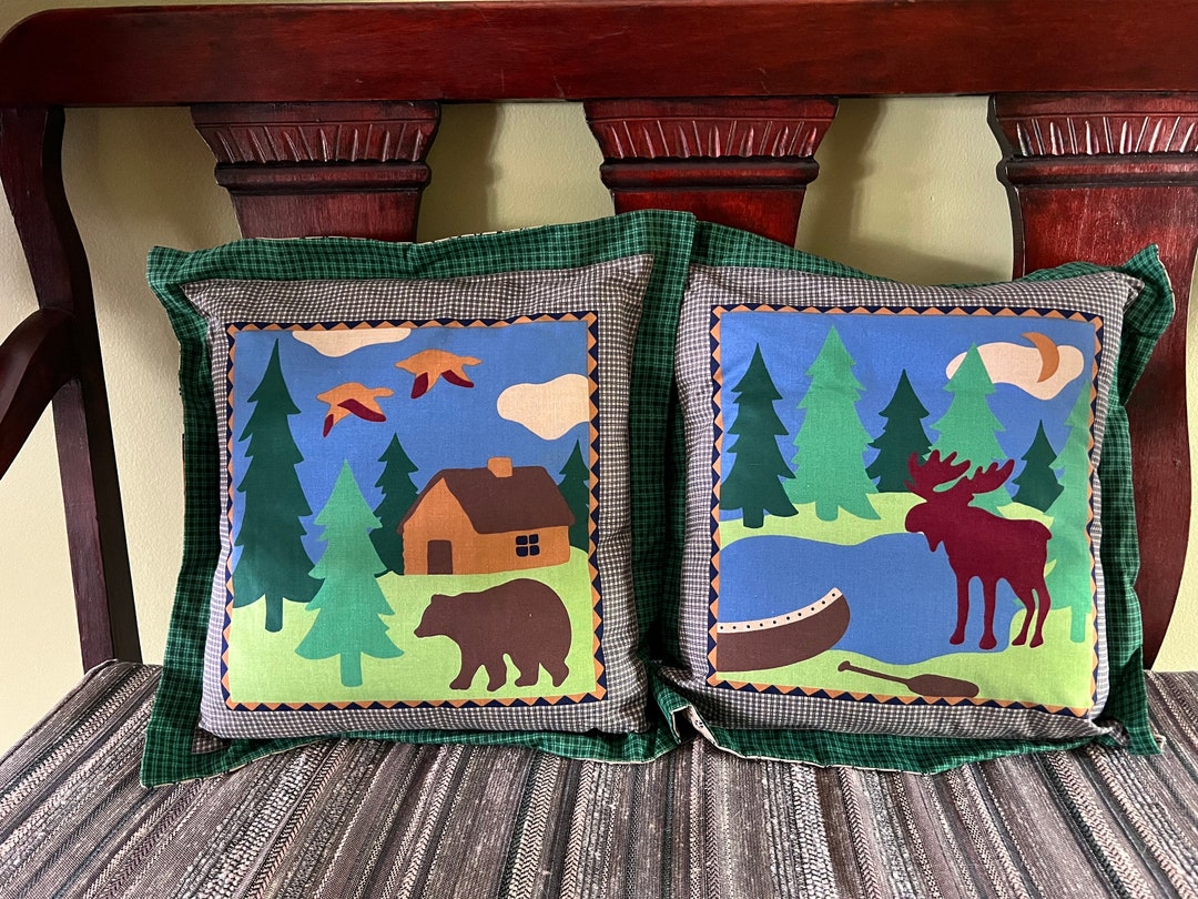 Set of Two Log Cabin Style Cotton Throw Pillows//moose Bear and Flying ...