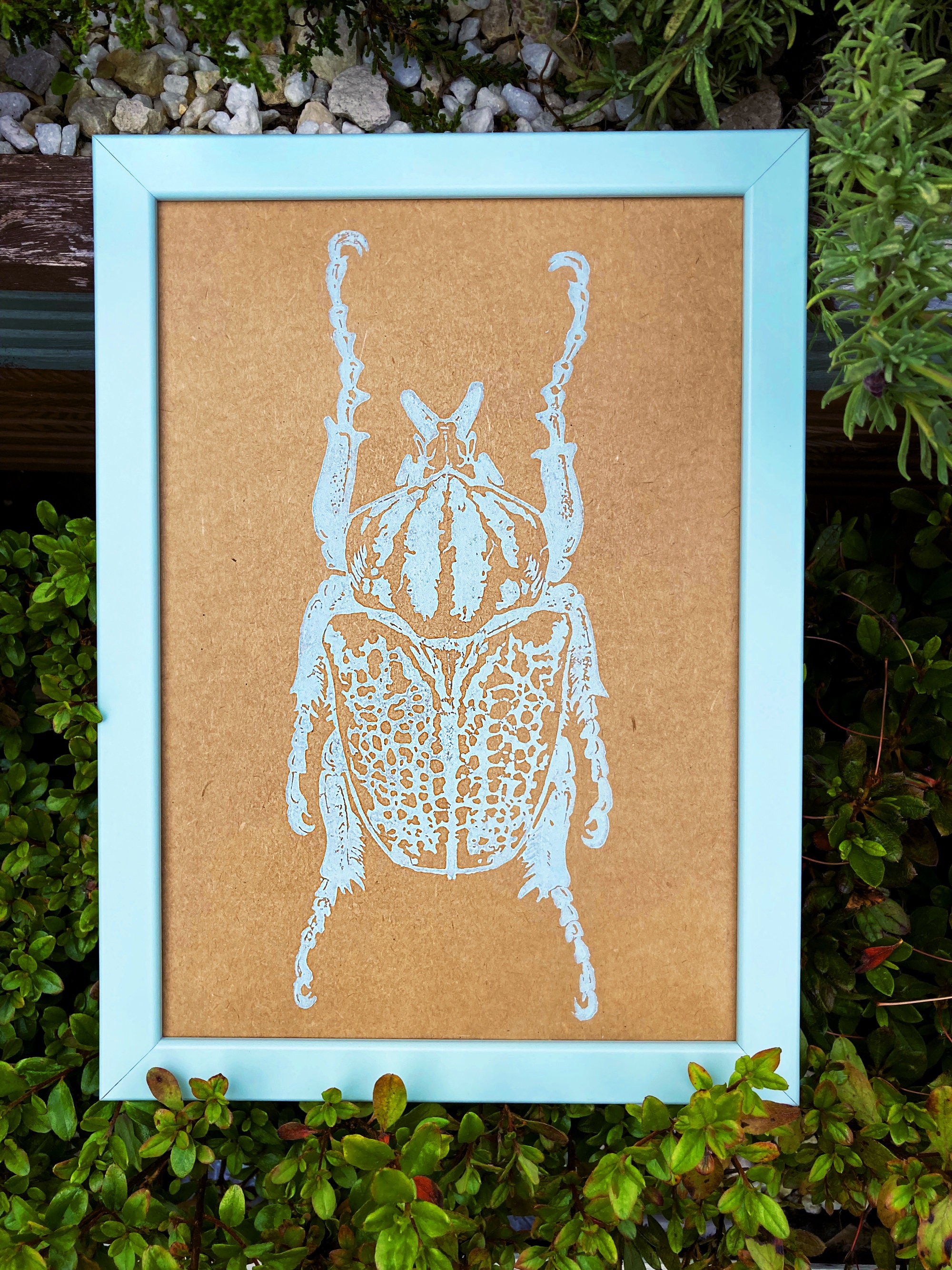 Baby blue 'Goliath Beetle' Linocut print on recycled brown card (A4 ...