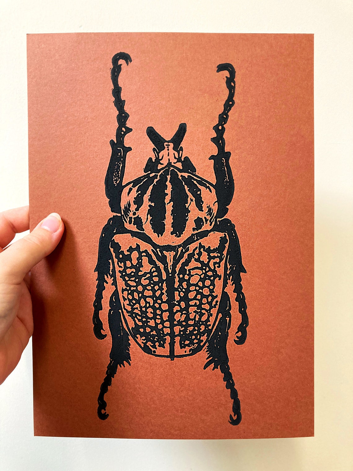 Black 'goliath Beetle' Linocut Print on Terracotta Card (A4) - Etsy