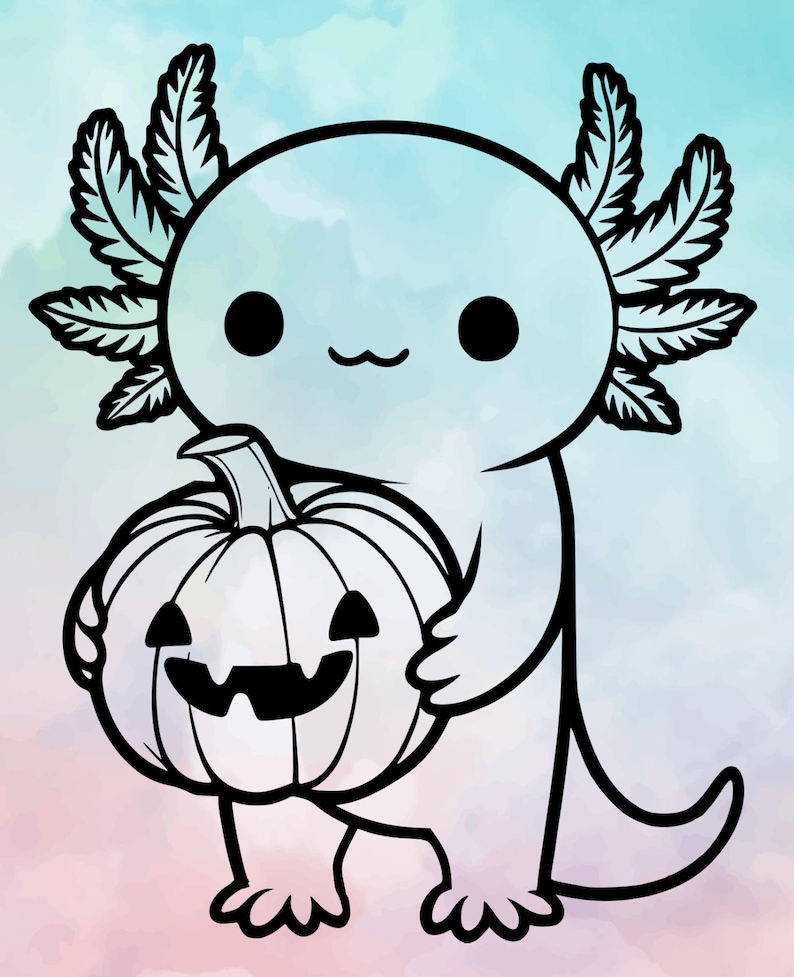 Cute Axolotl Holding Pumpkin for Halloween Layered Outline Svg Outline ...
