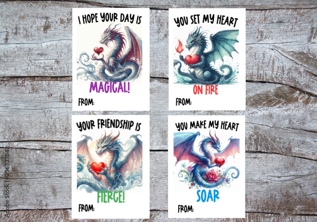 Dragon Water Color Printable Valentine Class Classroom Cards Instant ...