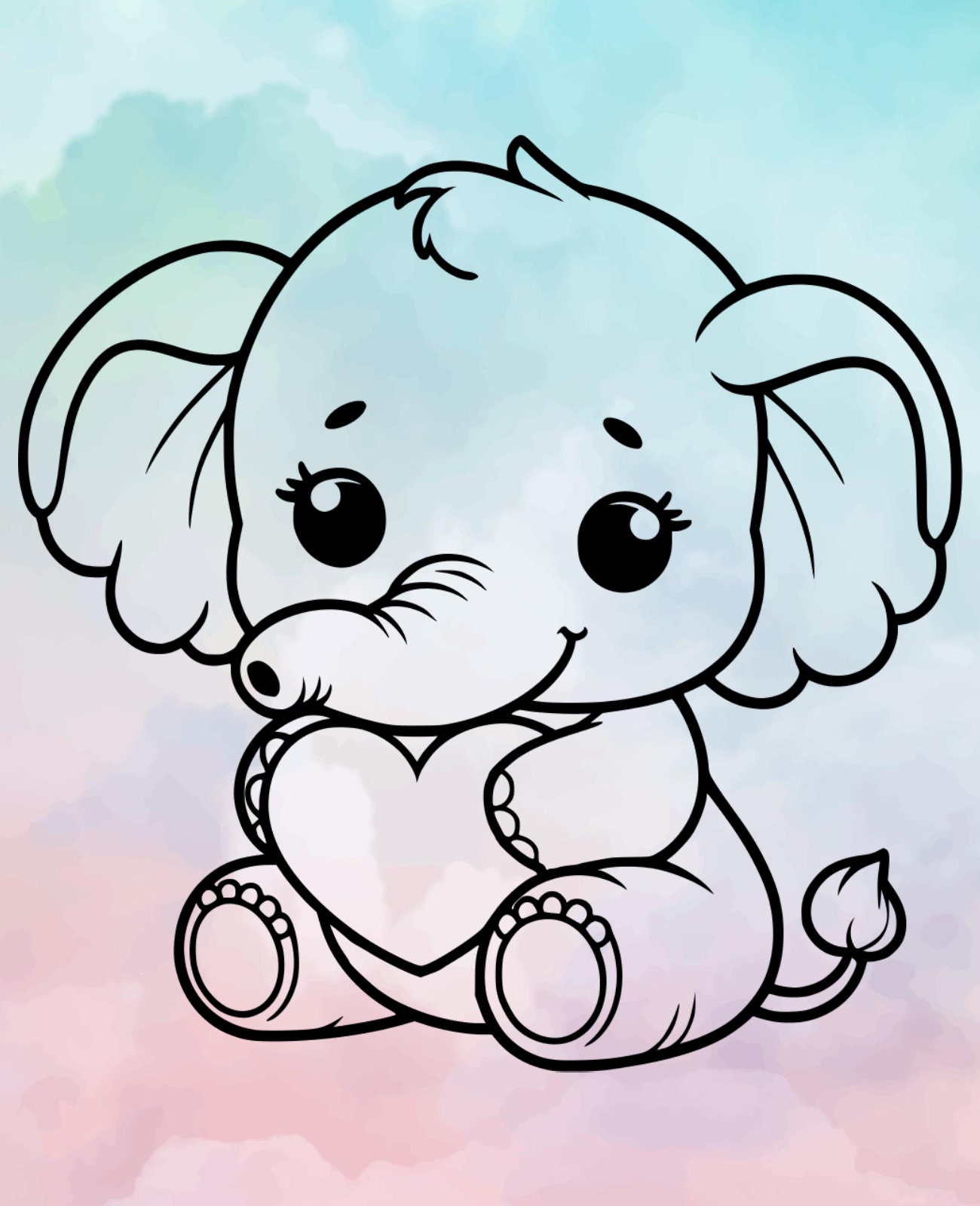 Cute Elephant Holding Heart Valentine SVG Baby Elephant Outline Layered ...