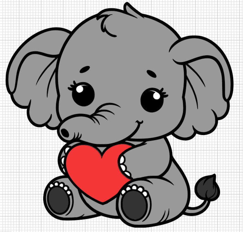 Cute Elephant Holding Heart Valentine SVG Baby Elephant Outline Layered ...