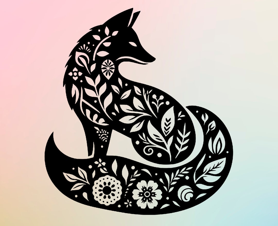 Fox With Flower and Leaf Pattern SVG Fox Outline Cricut Silhouette Cut ...