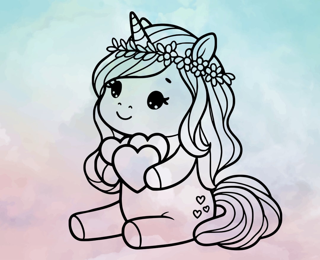 Cute Unicorn With Heart Love Valentine SVG Baby Unicorn Outline Cricut ...