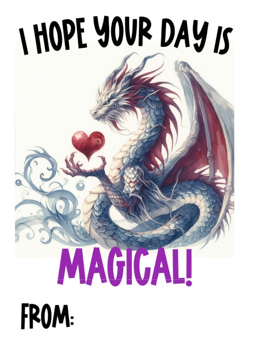 Dragon Water Color Printable Valentine Class Classroom Cards Instant ...