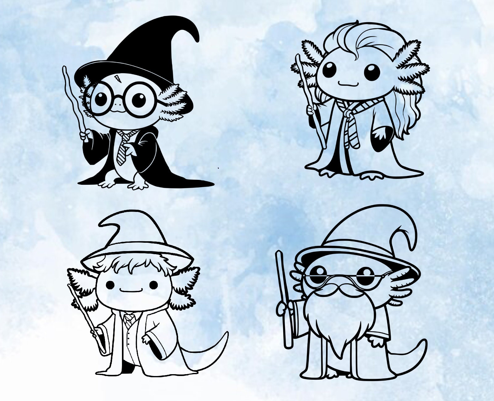 Harry Potl and Friends Cute Axolotl Magic Wizard Svg, Outline Svg Files ...