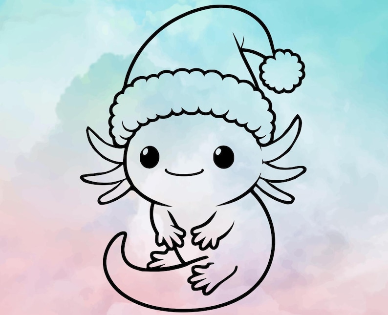 Cute Christmas Axolotl, Santa Hat Layered Outline SVG, Cricut ...