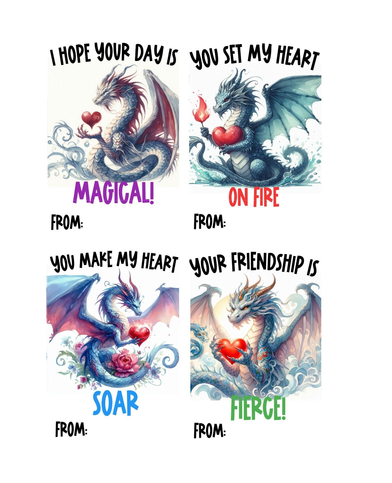 Dragon Water Color Printable Valentine Class Classroom Cards Instant ...