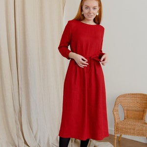 Red Linen Dress With Long Sleeves - Button Back Midi Dress With Pockets ...