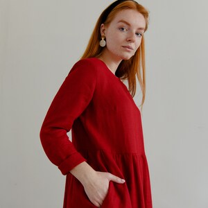 Red Linen Dress With Long Sleeves - Button Back Midi Dress With Pockets ...