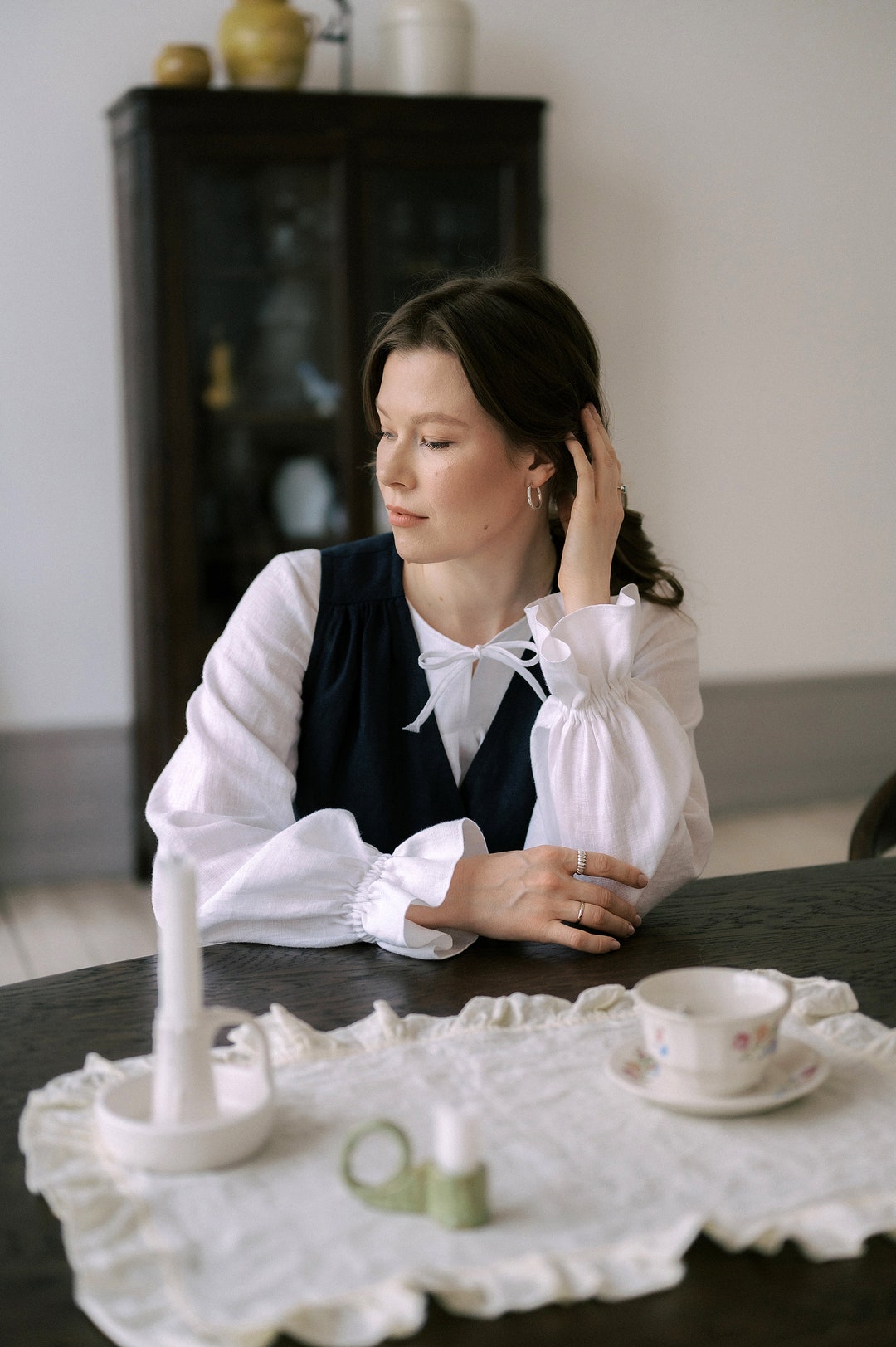 Peasant White Linen Blouse With Bishep Sleeves, Victorian Blouse ...