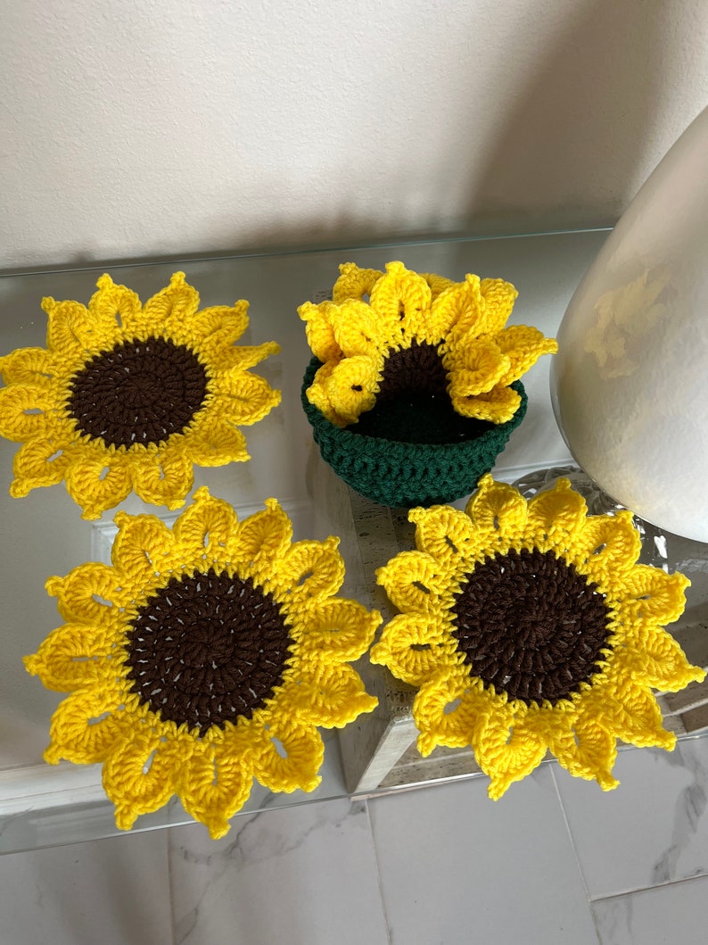 Crochet Sunflower Coaster Set - Etsy