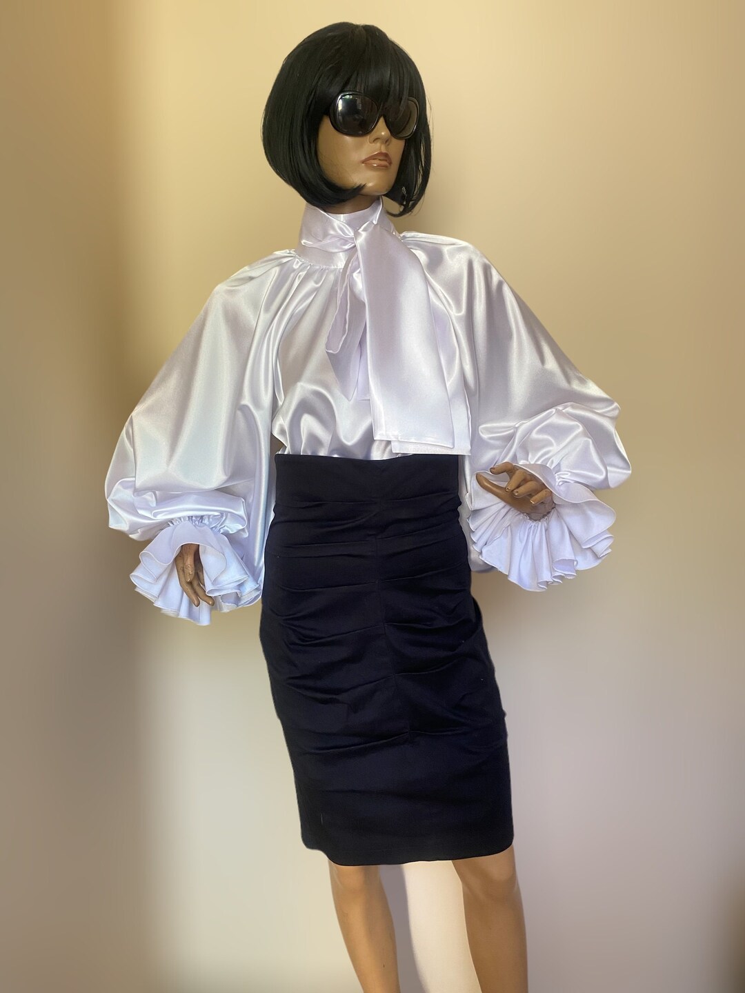 White Satin Blouse With Ruffles, Puff Sleeves Blouse, Satin Shirt , Bow ...