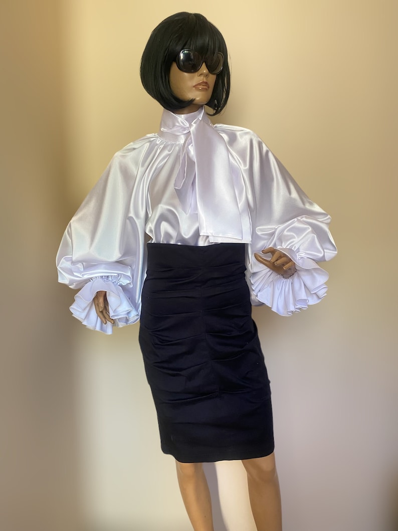 White Satin Blouse With Ruffles, Puff Sleeves Blouse, Satin Shirt , Bow ...