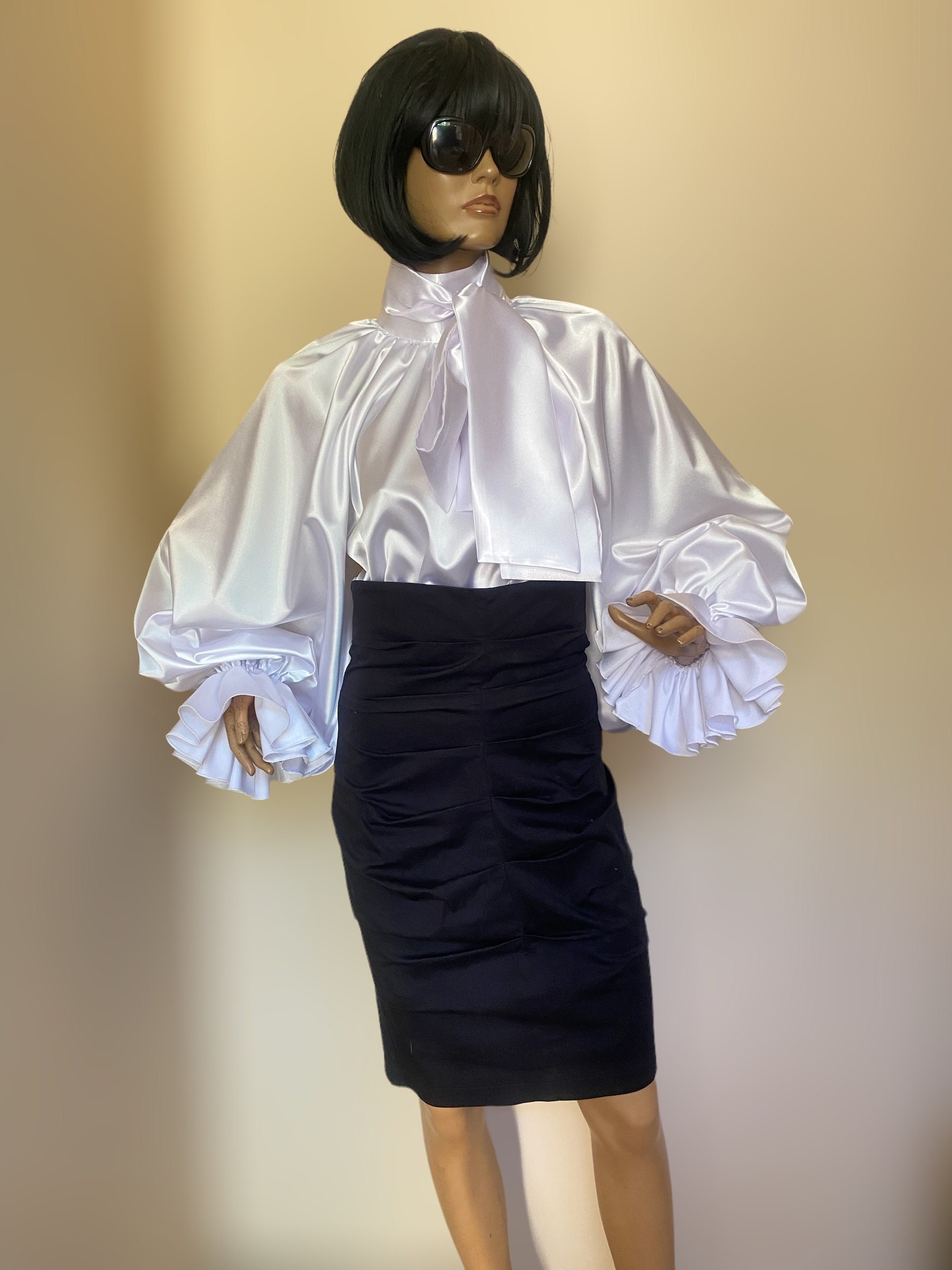 White Satin Blouse With Ruffles, Puff Sleeves Blouse, Satin Shirt , Bow ...