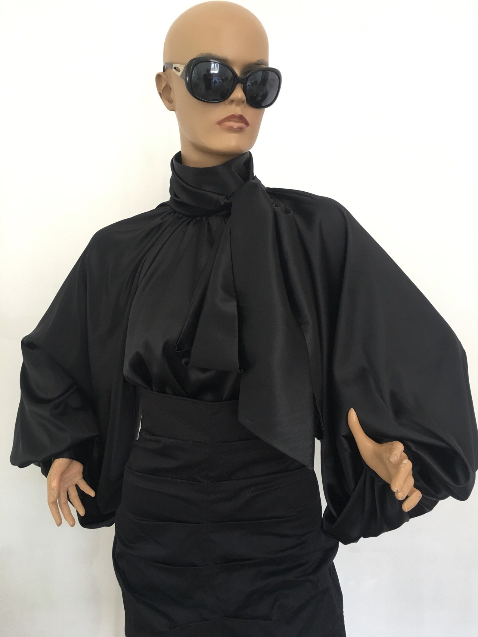 Black Silk Blouse Puff Sleeves Blouse silk Satin Shirt Bow - Etsy
