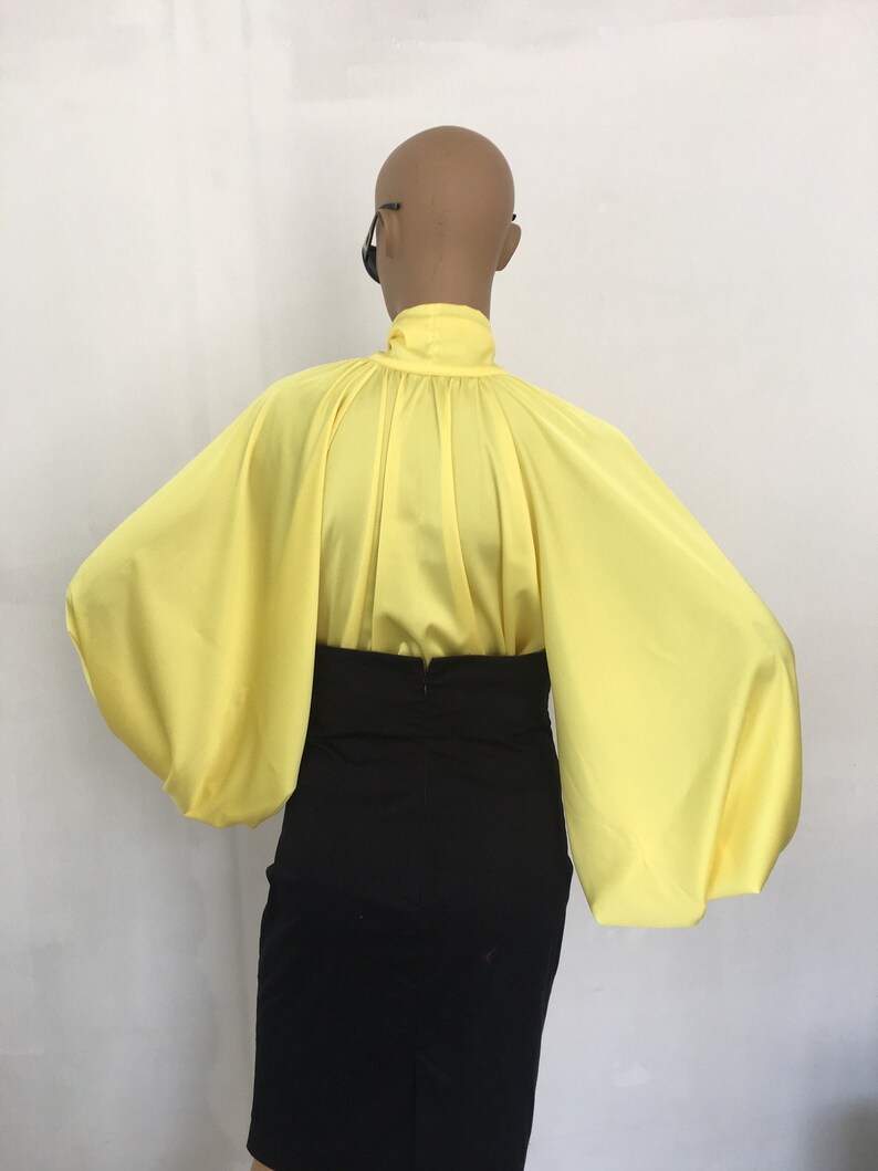 Yellow Silk Blouse, Puff Sleeves Blouse ,silk Satin Shirt , Bow Tie ...
