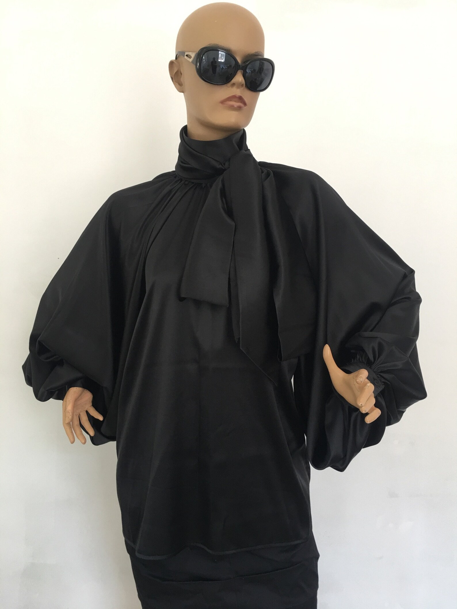 Black Silk Blouse Puff Sleeves Blouse silk Satin Shirt Bow - Etsy