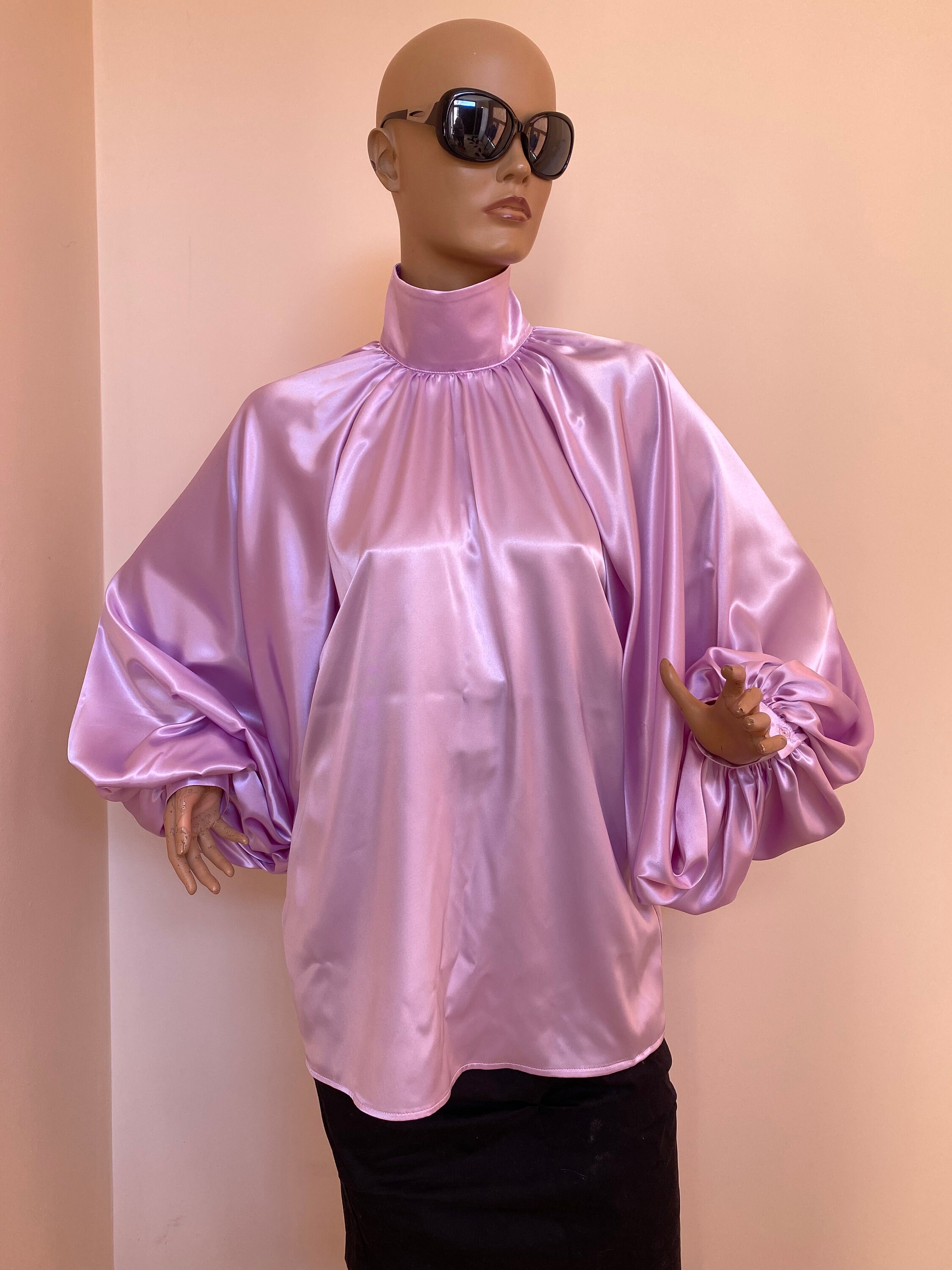 Lilac Satin Blouse Puff Sleeves Blouse Satin Shirt Bow Tie - Etsy New ...
