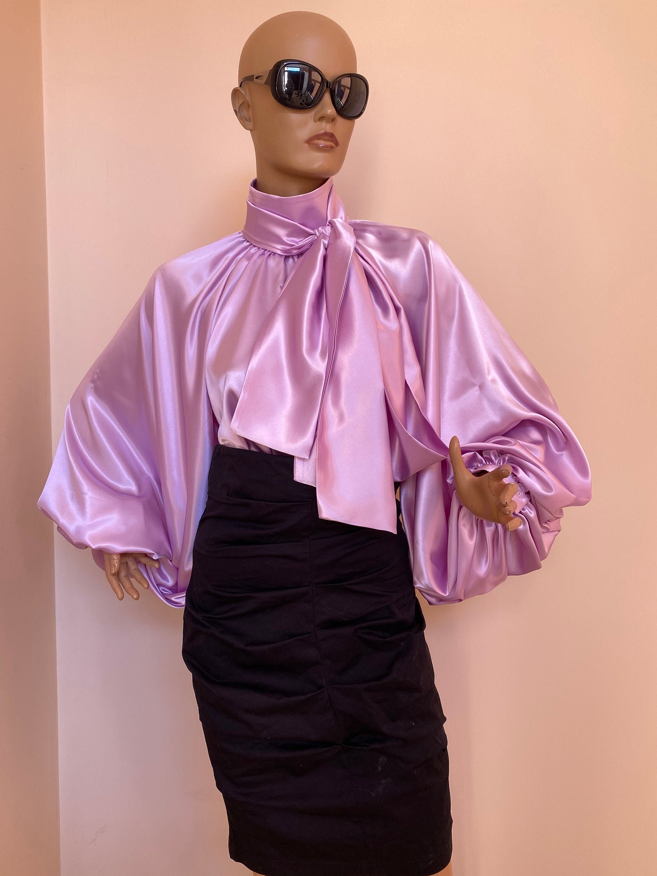 Lilac Satin Blouse, Puff Sleeves Blouse, Satin Shirt , Bow Tie White ...