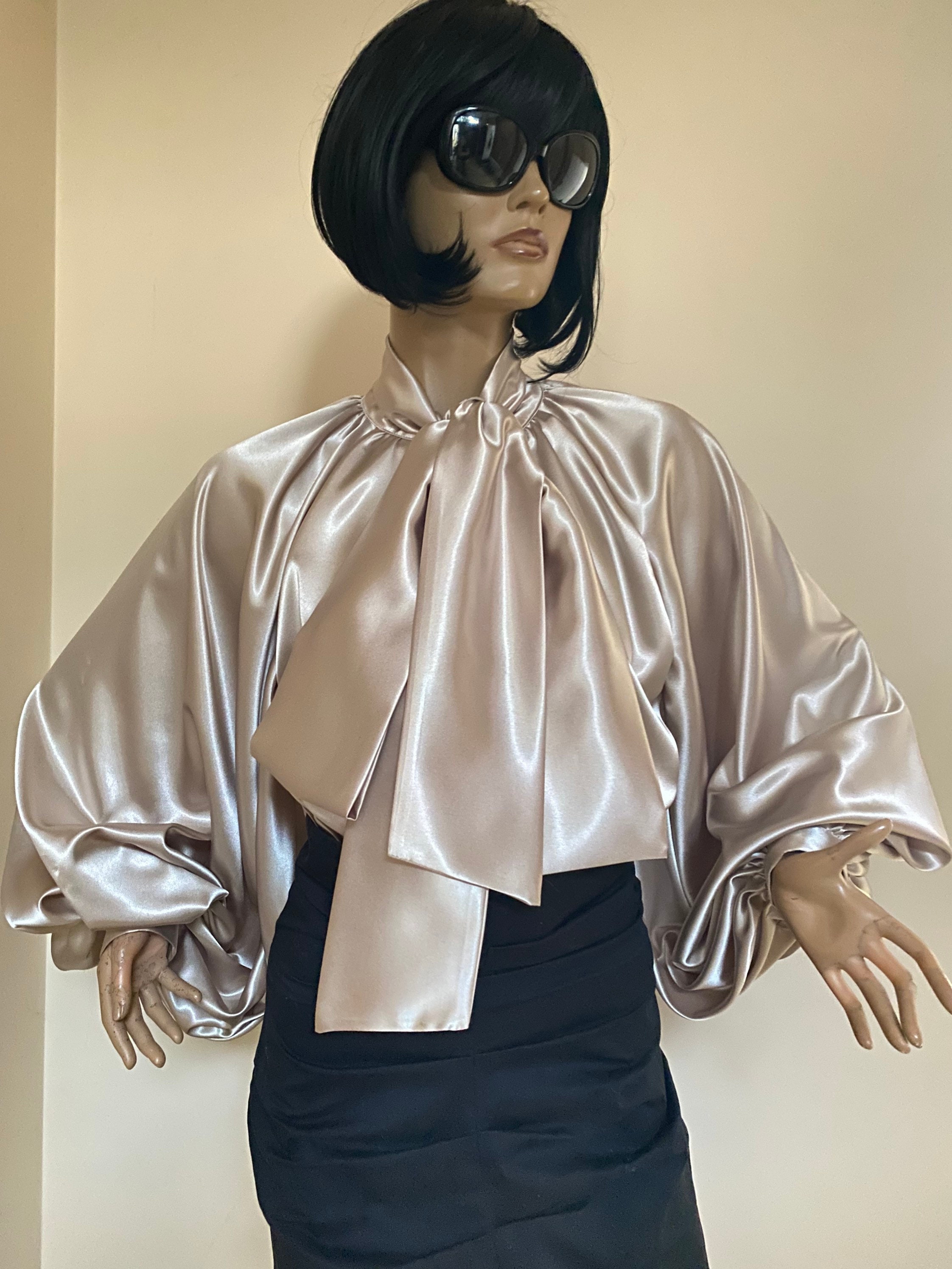 Cream Silk Blouse, Puff Sleeves Blouse ,silk Satin Shirt , Bow Tie ...