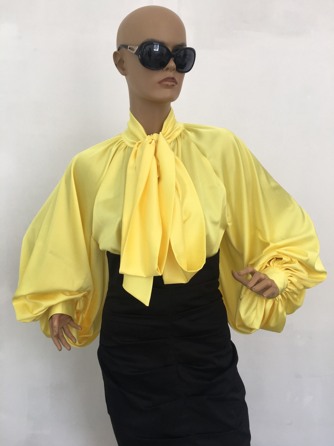 Yellow Silk Blouse, Puff Sleeves Blouse ,silk Satin Shirt , Bow Tie ...