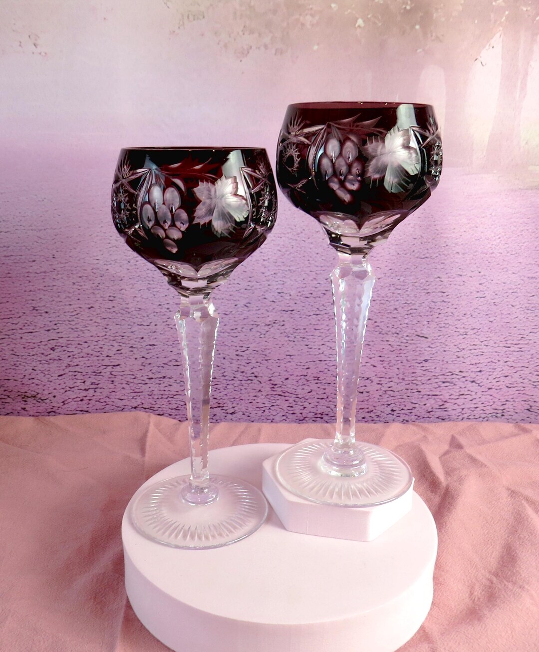 SET 2 Elegant BOHEMIAN Crystal Wine Glasses 7 3/4" Tall Cut to Clear ...