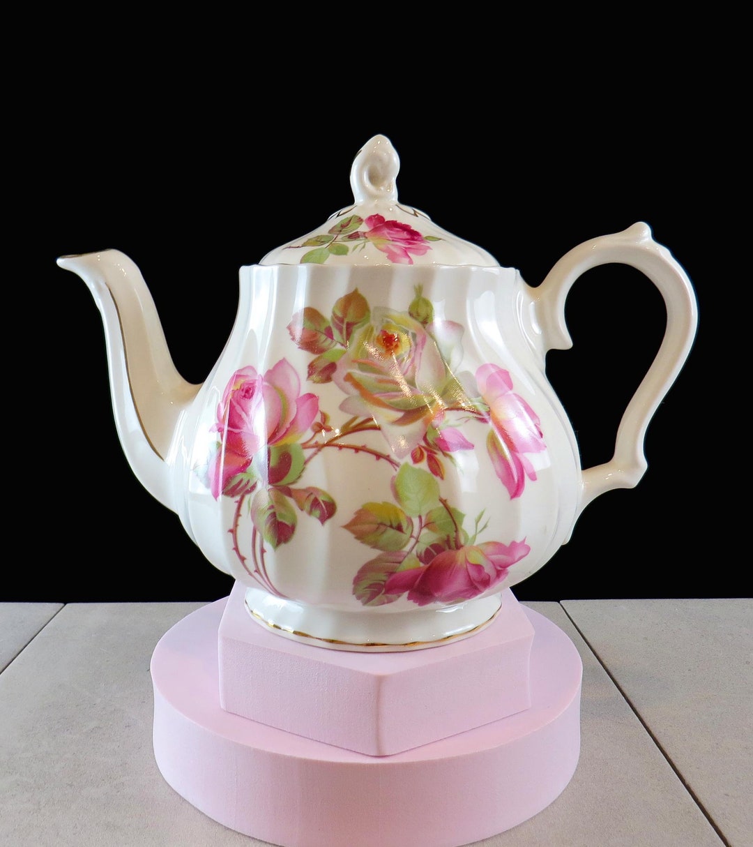 STAFFORDSHIRE Teapot Crown Dorset Pink Green Roses RARE Floral Pattern ...