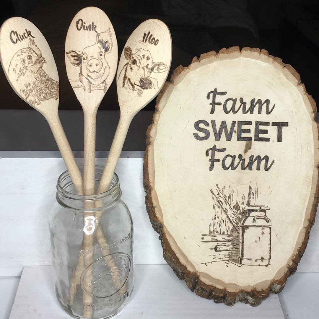 Farm Sweet Farm Spoon Set, Farmhouse Wood Burned Spoon Set, Farm ...